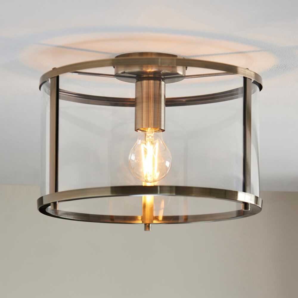Endon Hopton 1 Lamp Flush Low Ceiling Light Antique Brass Clear Glass