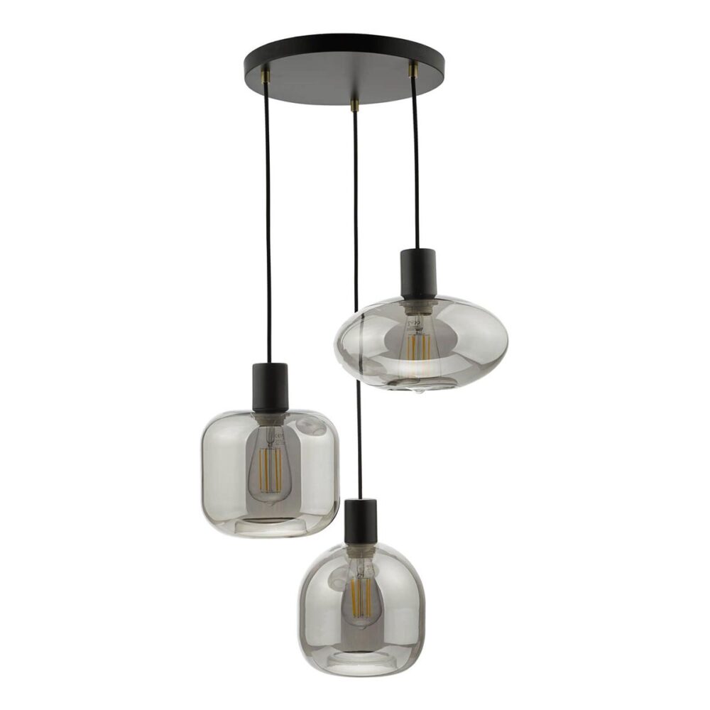 Dar Aiden 3 Light Cluster Pendant Satin Black Smoked Glass