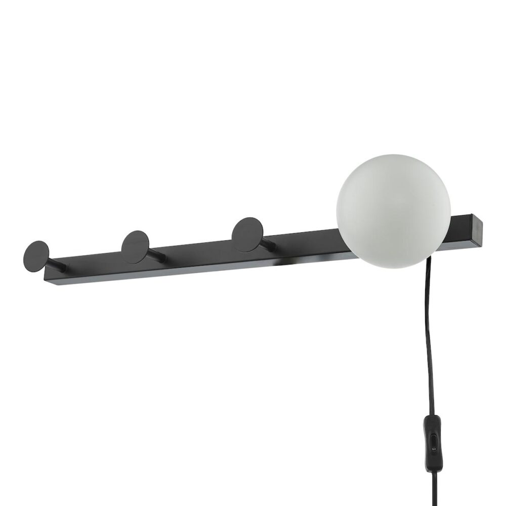 Dar Rack Plug In Wall Light With Coat Rack Matt Black Opal Glass Globe