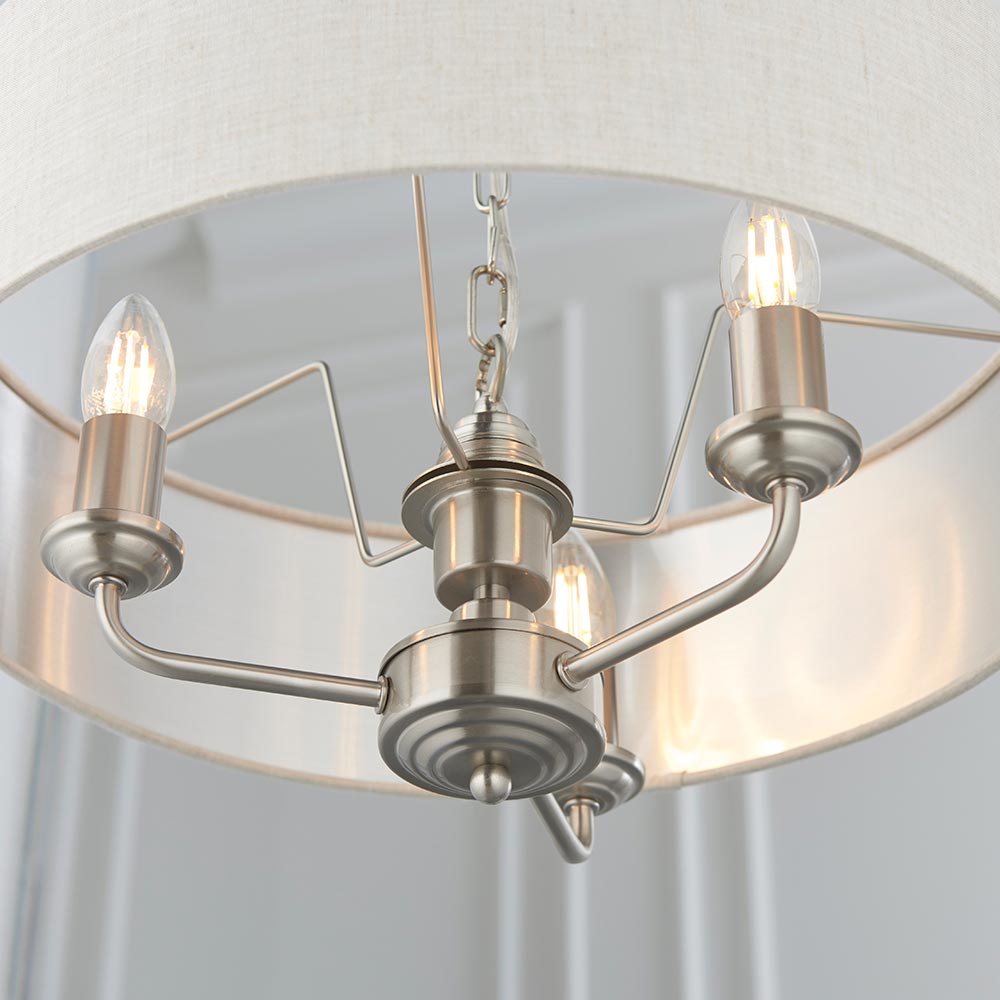 Endon Highclere 3 Light Pendant Natural Linen Brushed Chrome 94361