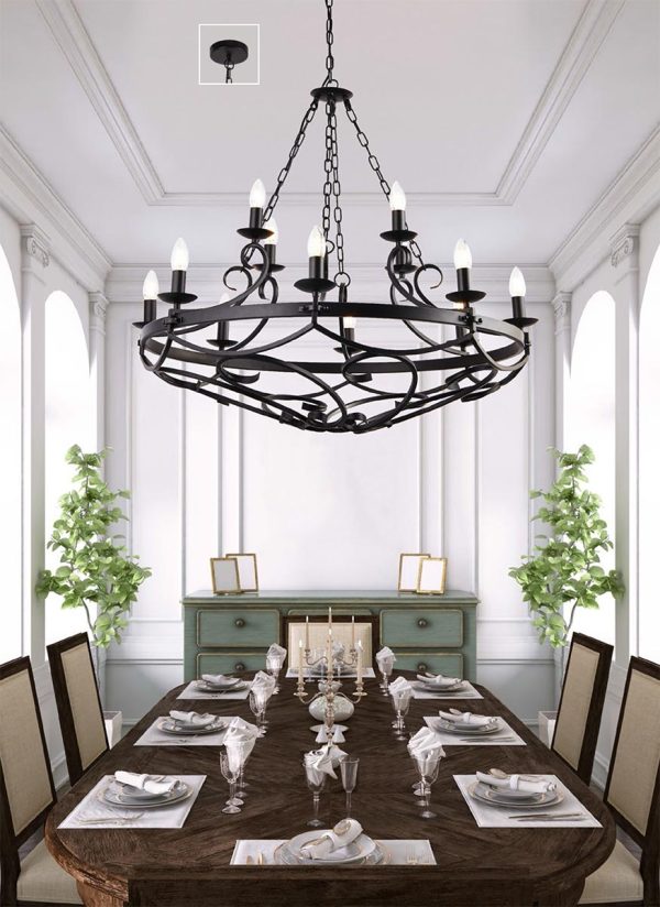 Large Gothic 12 Light Scrolled Iron Cartwheel Chandelier Matt Black